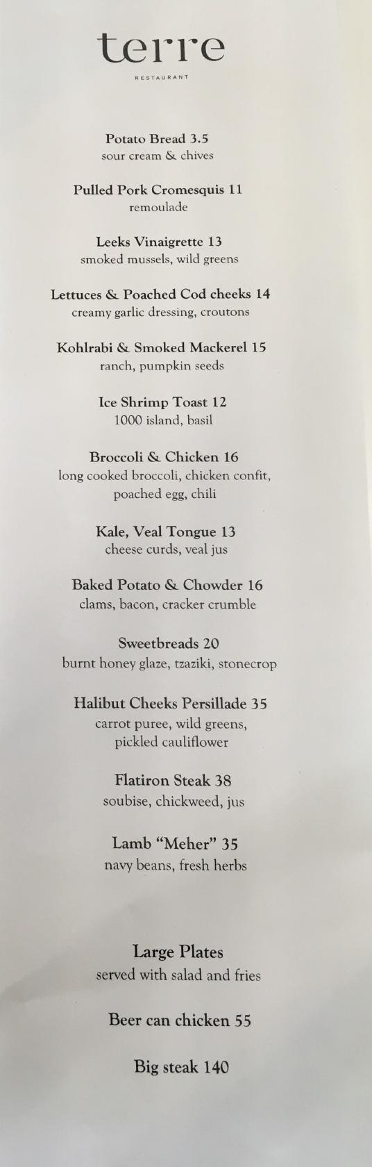 Menu at Terre Restaurant, St. John's
