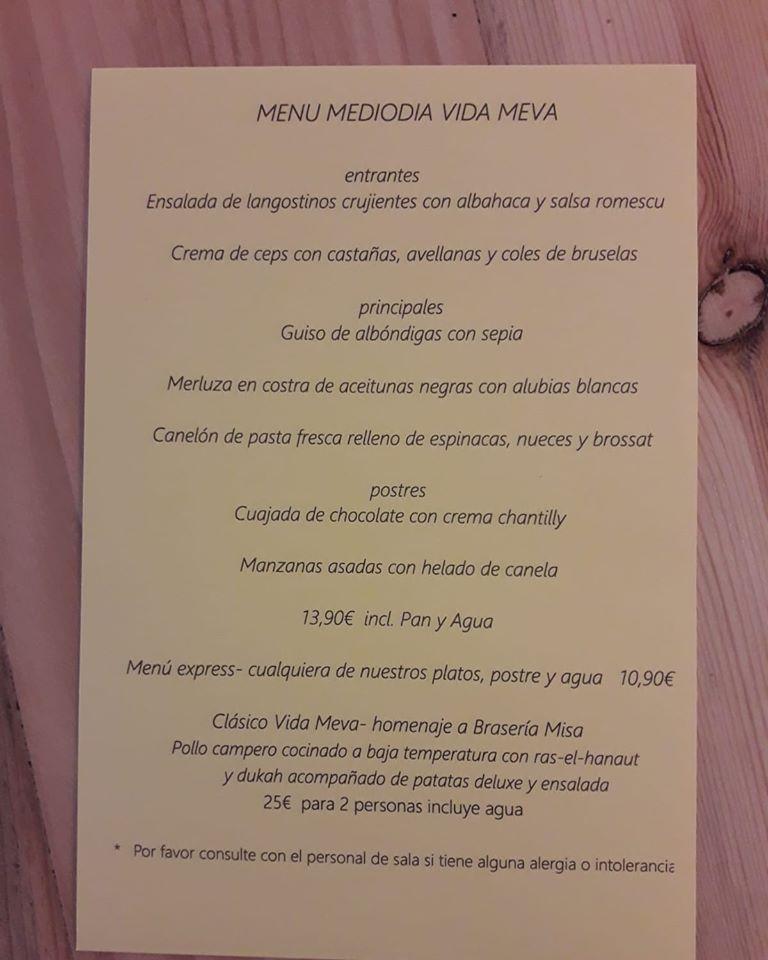 Menu at Vida Meva restaurant, Palma
