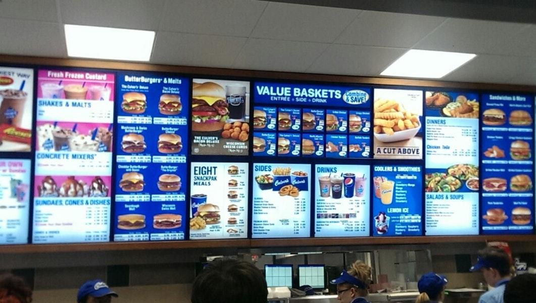 Menu at Culver's fast food, Largo, E Bay Dr