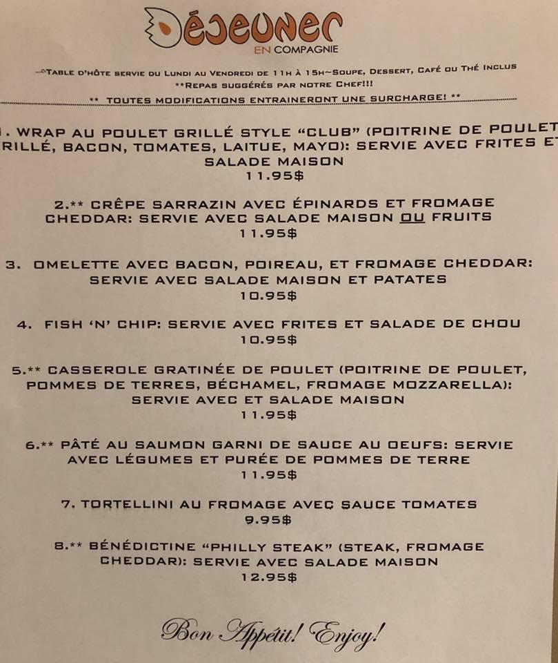 Menu au Déjeuner en Compagnie restaurant, Terrebonne