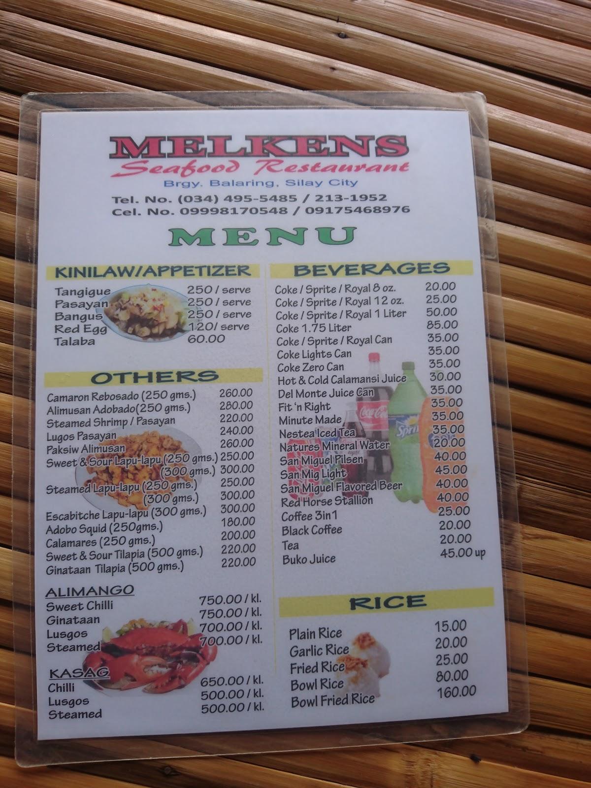 Menu at Melkens Seafood Restaurant, Silay City