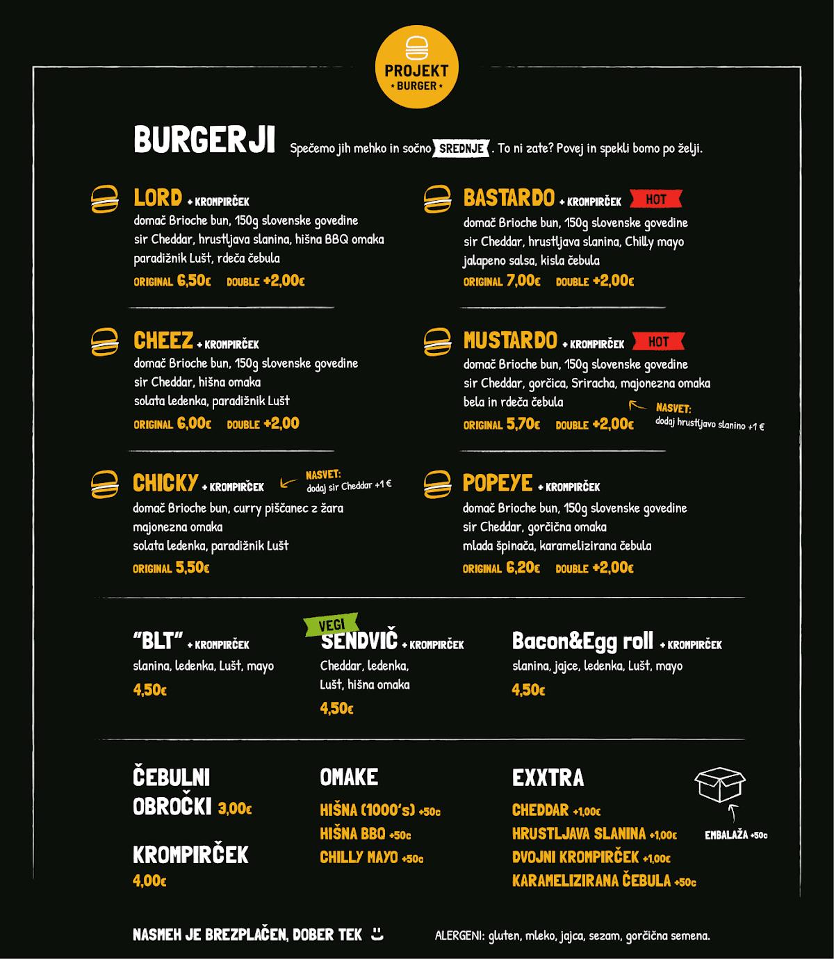 Menu at Projekt Burger restaurant, Kranj, Jelenčeva ulica 1