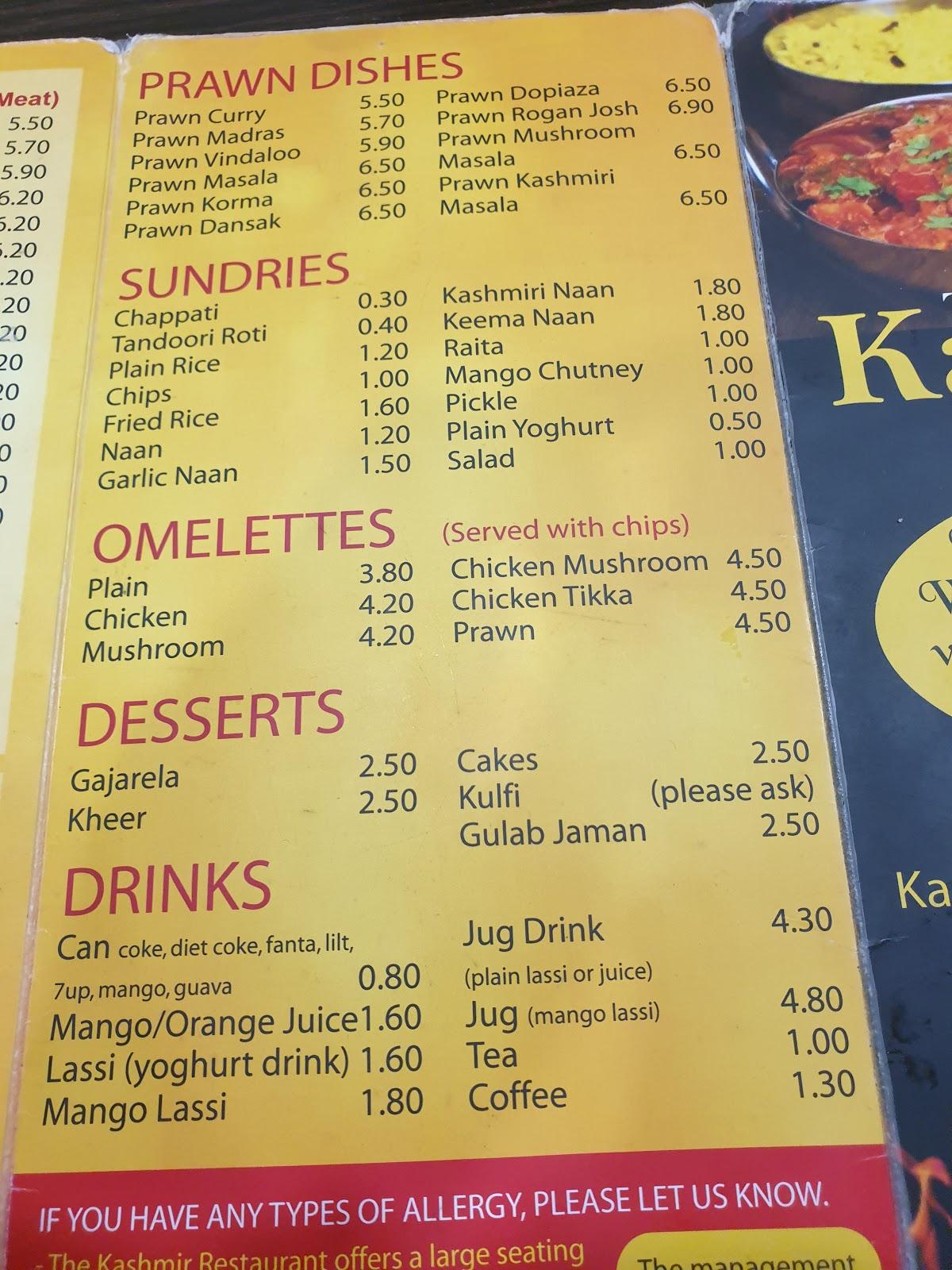 Menu at The Kashmir Restaurant, Bradford