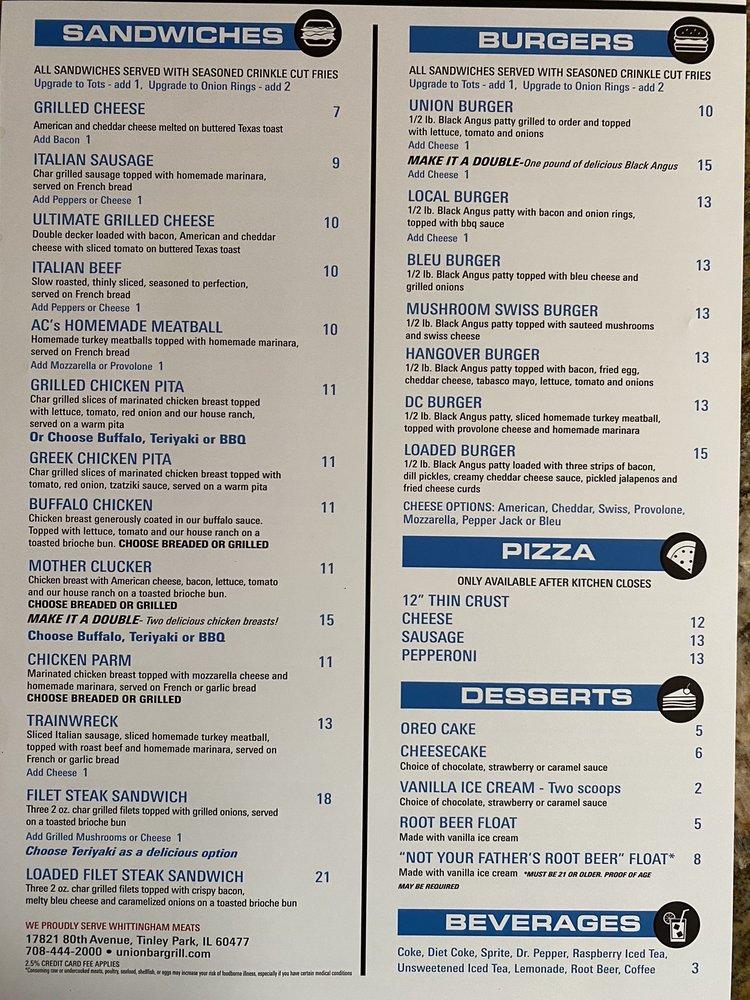 Menu at UNION BAR & GRILL, Tinley Park