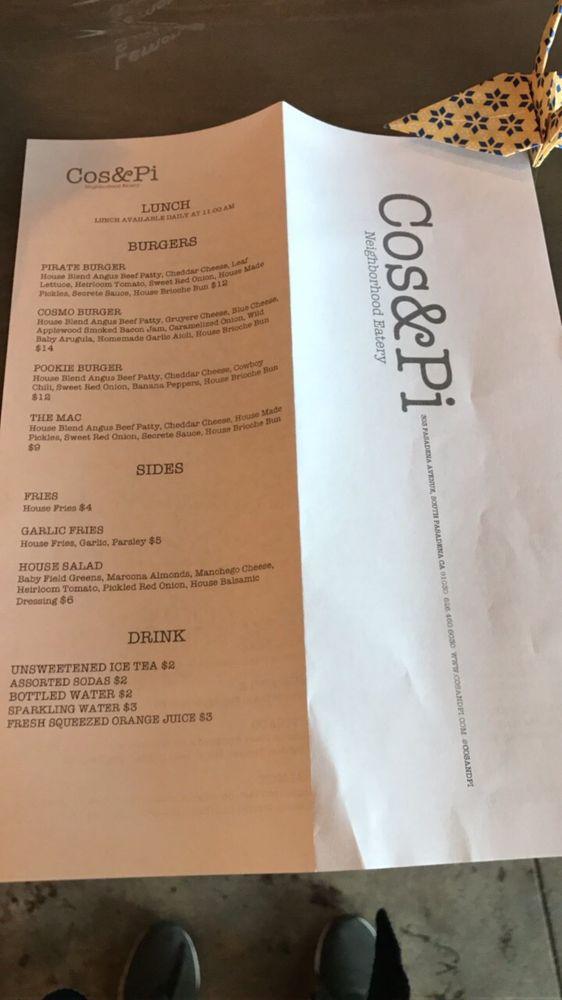 Menu at Cos & Pi restaurant, South Pasadena, 303 Pasadena Ave