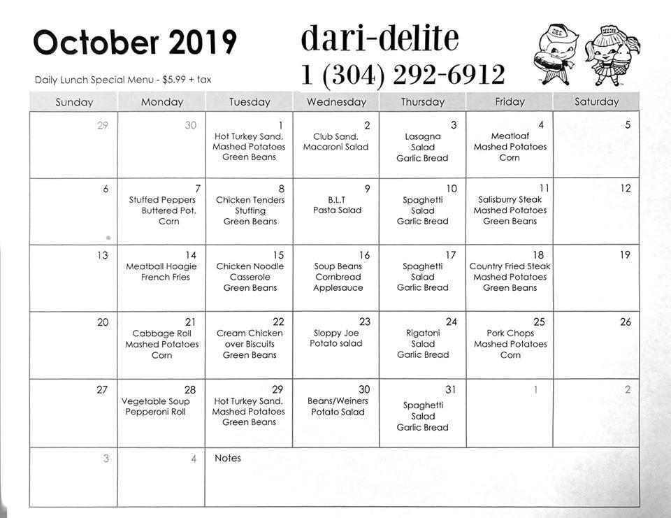 Menu at Dari-Delite desserts, Morgantown