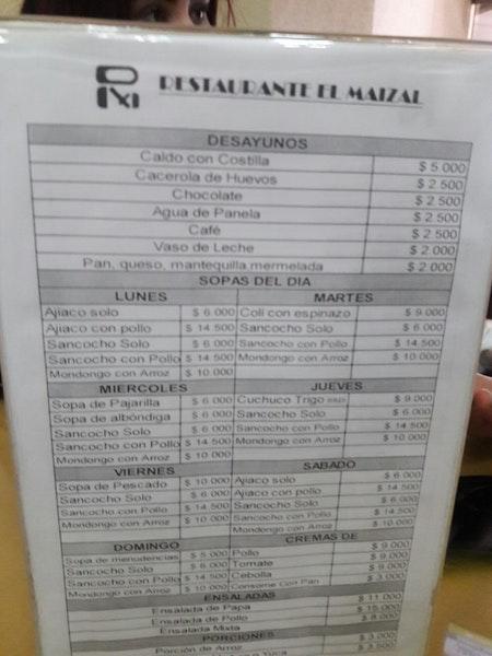 Carta del restaurante El Maizal, Tunja