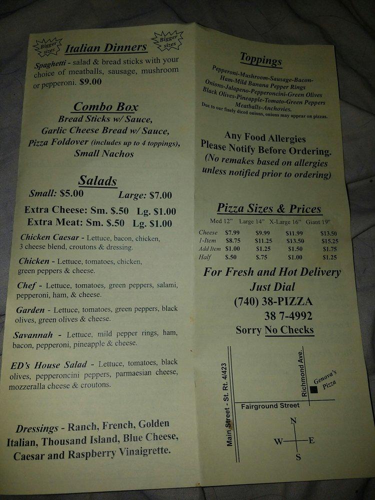 Menu at Genova’s pizza pizzeria, Marion