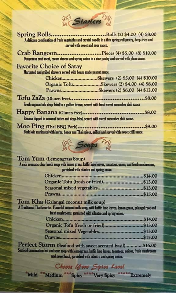 Menu at Sabai Thai restaurant, Port Angeles