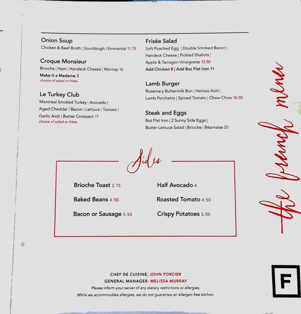 Menu at The French restaurant, Hamilton