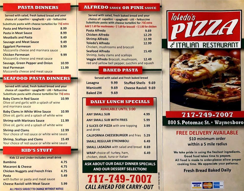 Menu at Toledo's Pizza & Italian Restaurant, Waynesboro