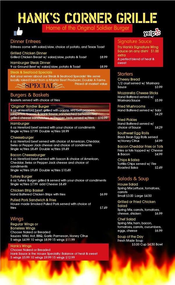 Menu at Hank's Corner Grille pub & bar, Tracy City