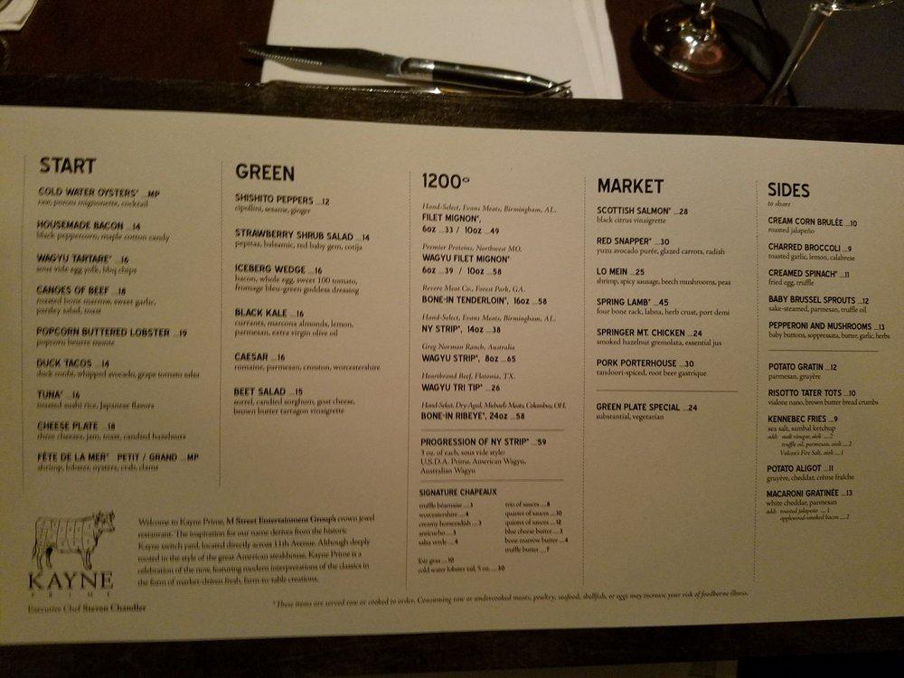 Menu at Kayne Prime Steakhouse, Nashville