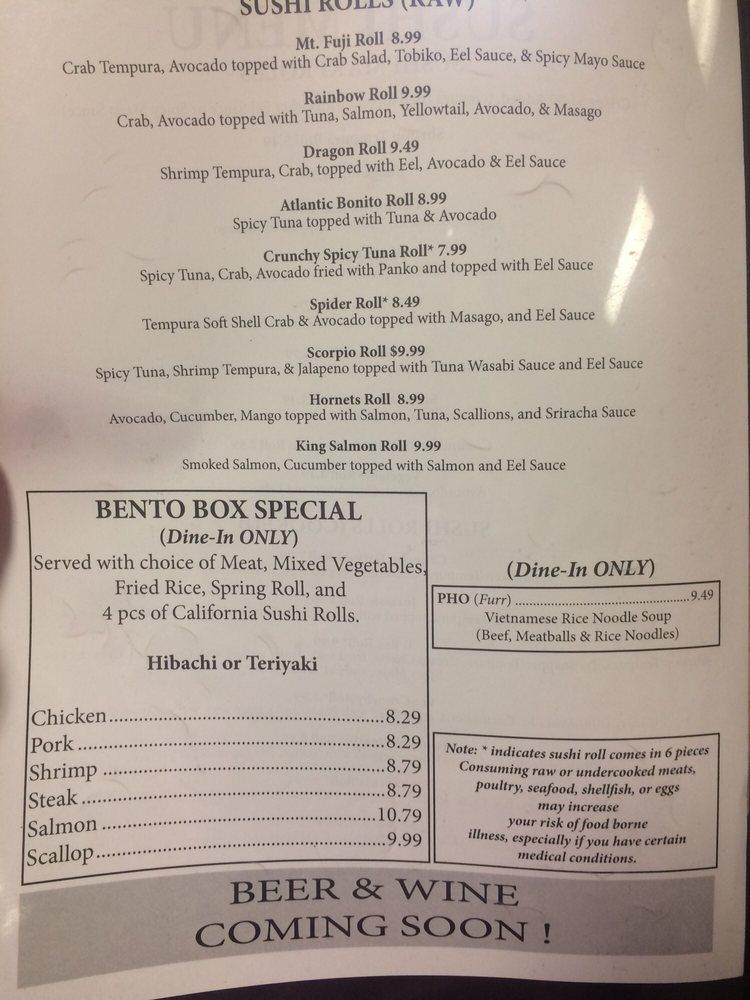 Menu at Little Fuji Restaurant, Laurinburg, 894 US-401