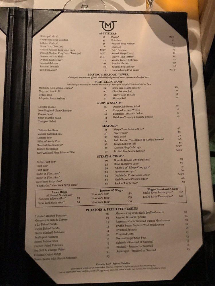 Menu at Mastro's Ocean Club, Scottsdale