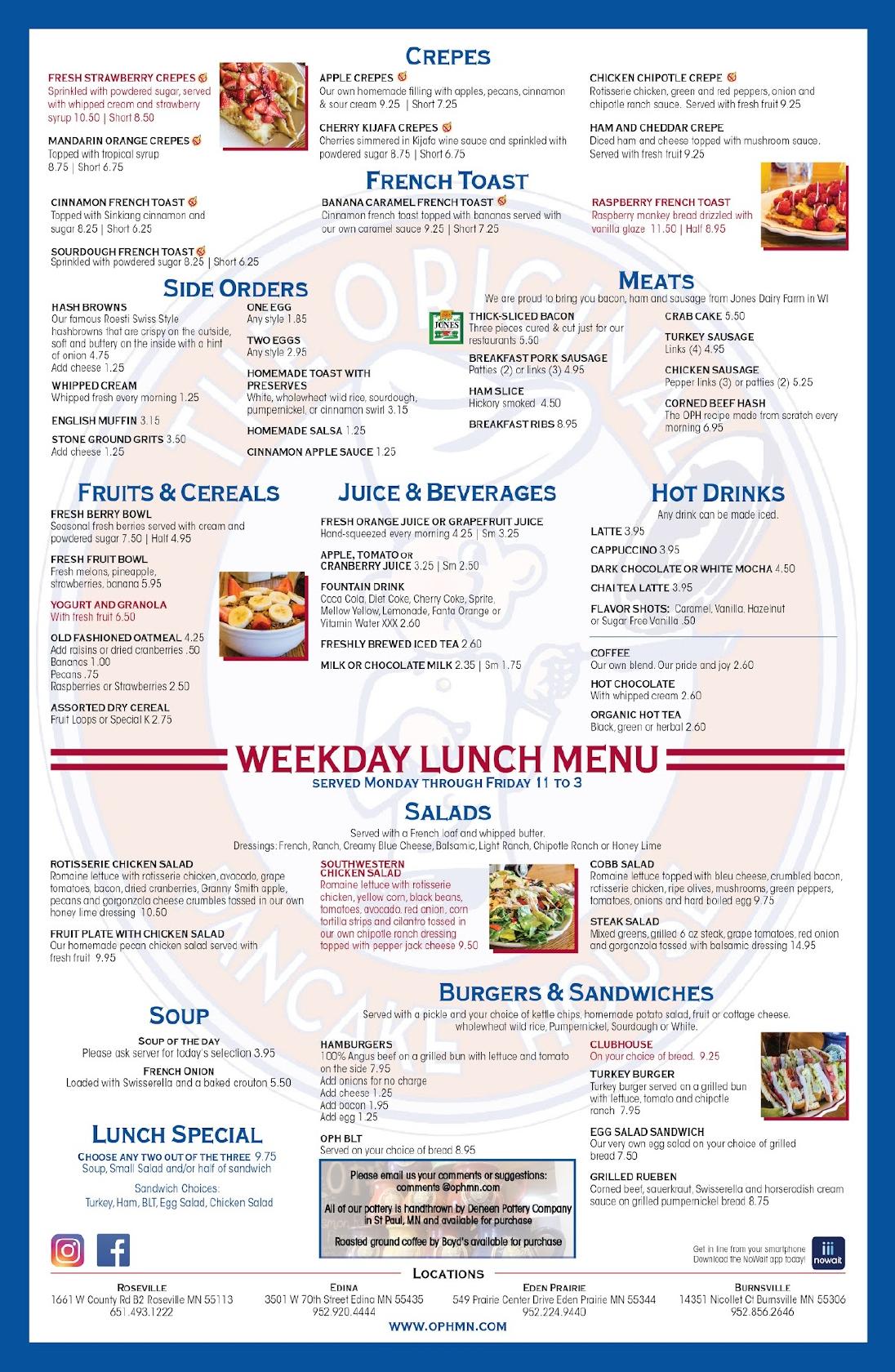 Menu at The Original Pancake House restaurant, Edina, W 70th St