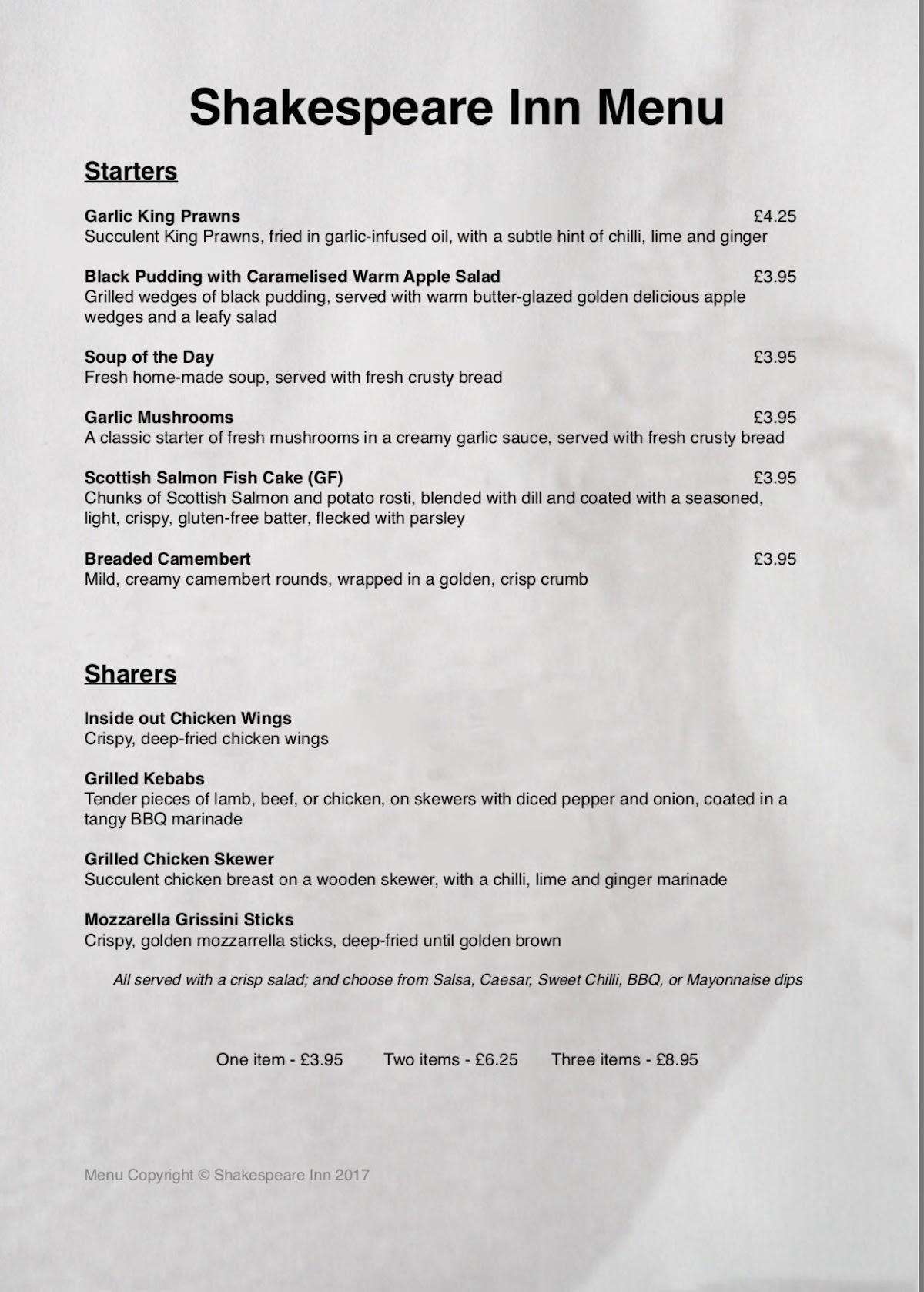 Menu at The Shakespeare Inn (B&B, Accommodation And Eatery) pub & bar ...