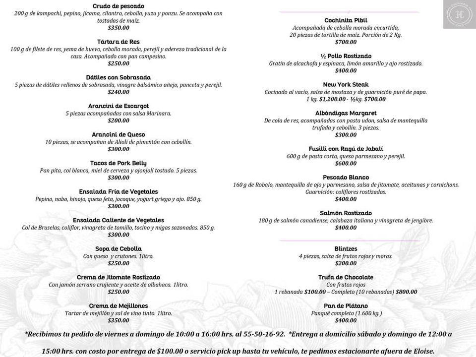 Carta del restaurante Loretta Chic Bistrot, Ciudad López Mateos
