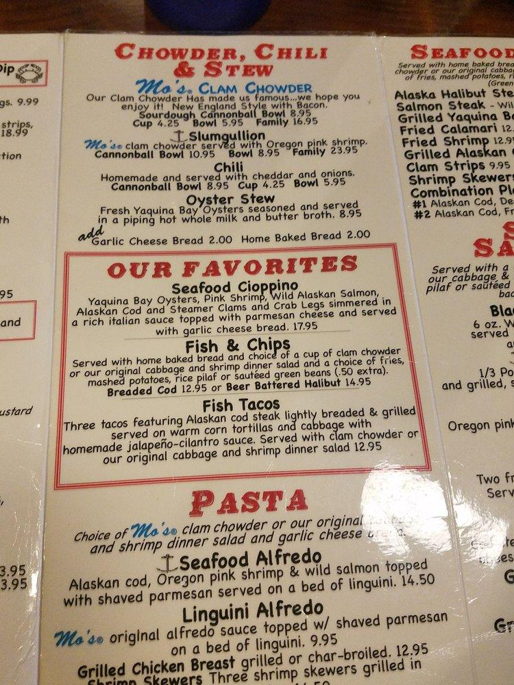 Menu at Mo's Seafood & Chowder restaurant, Newport, The Original Mo's