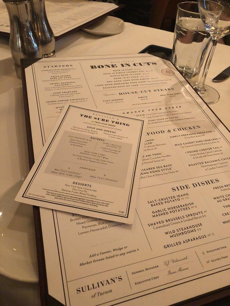 Menu at Sullivan's Steakhouse, Tucson