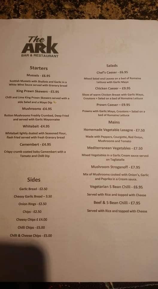 Menu at The Ark Bar and Restaurant at Cattawade, Manningtree