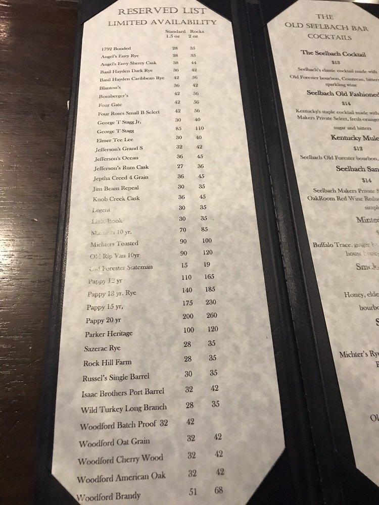 Menu at The Old Seelbach Bar, Louisville