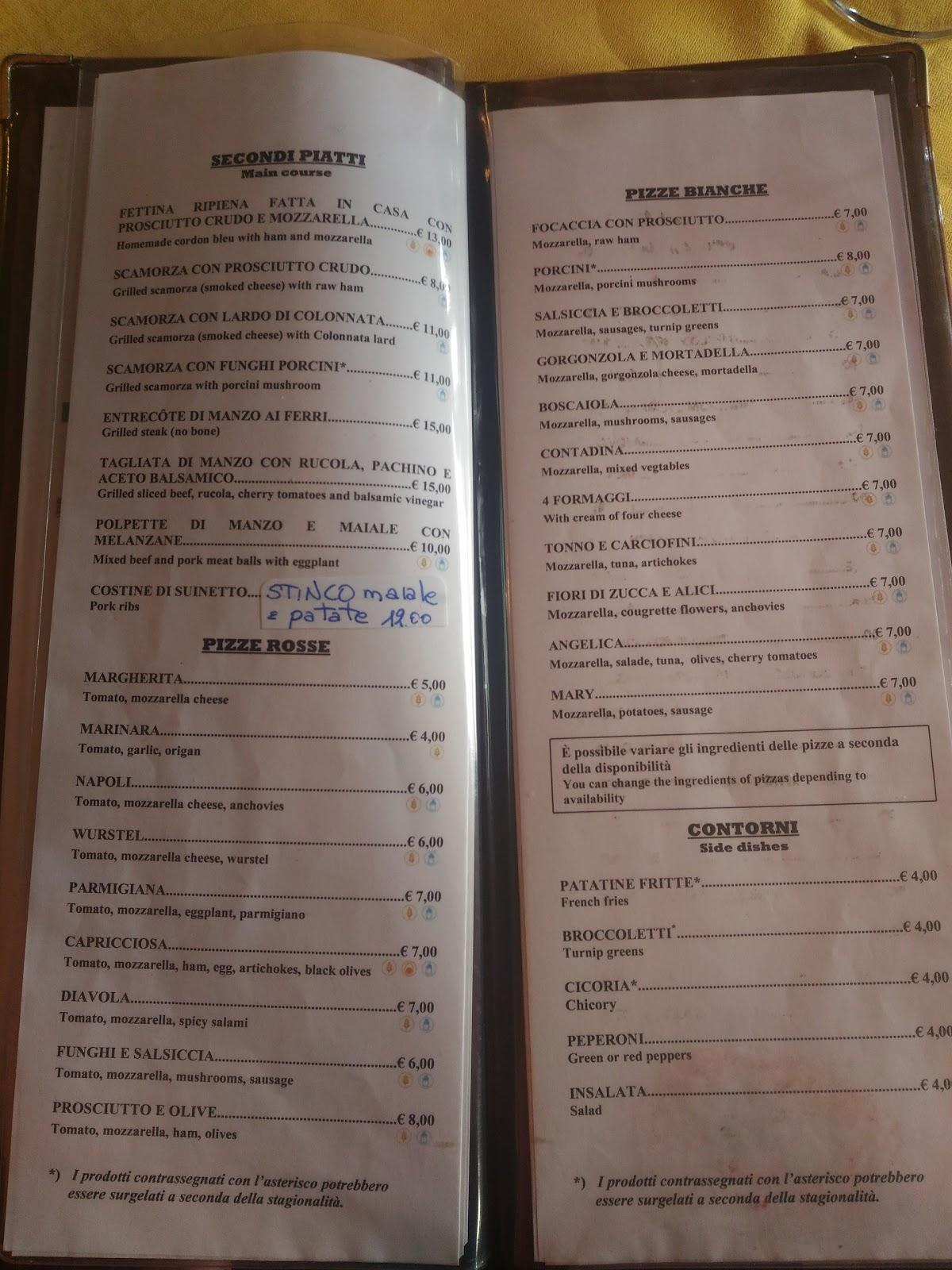 Menu at Trattoria da Angelica restaurant, Monterosi