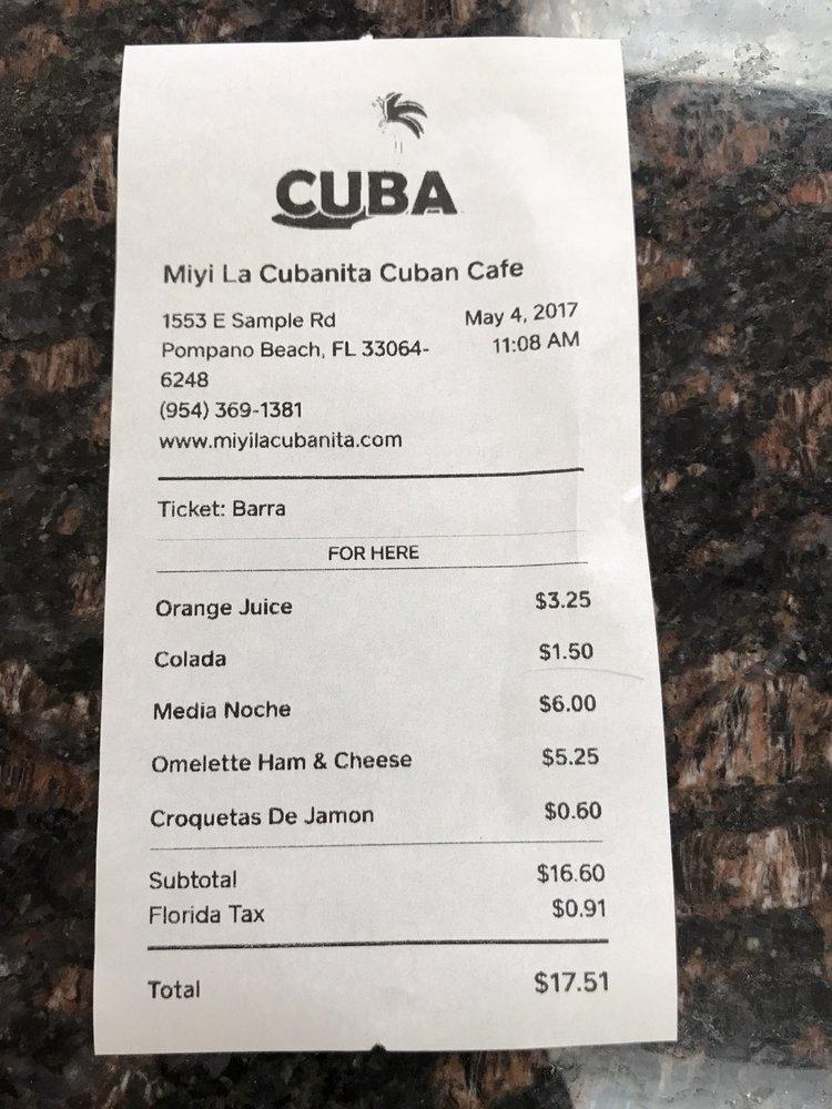 Carta de Miyi La Cubanita Cuban Cafe, Pompano Beach, E Sample Rd