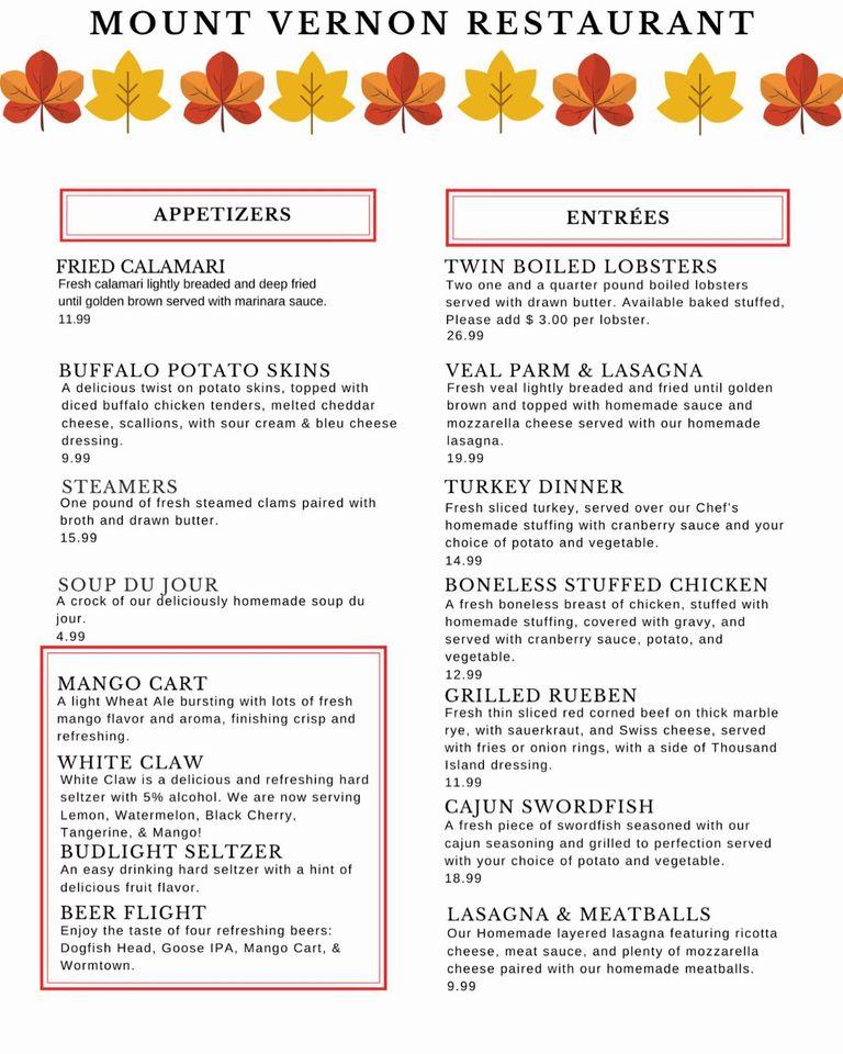 Menu at Mount Vernon Restaurant & Pub, Somerville