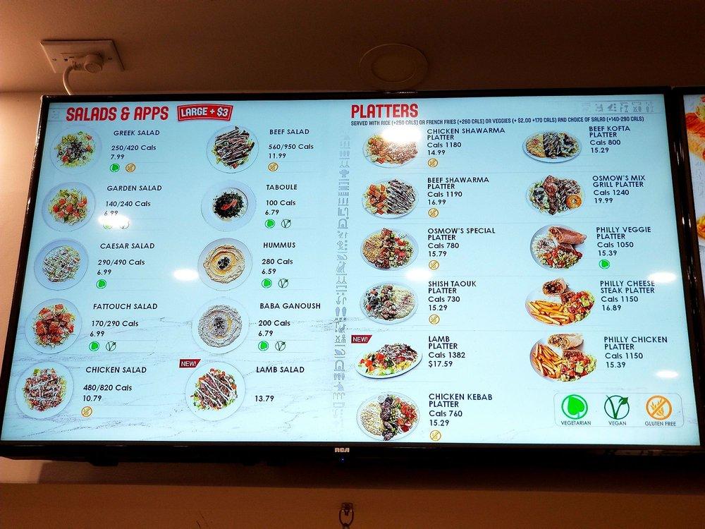 Menu at Osmow's Shawarma restaurant, Toronto, 372 Yonge St