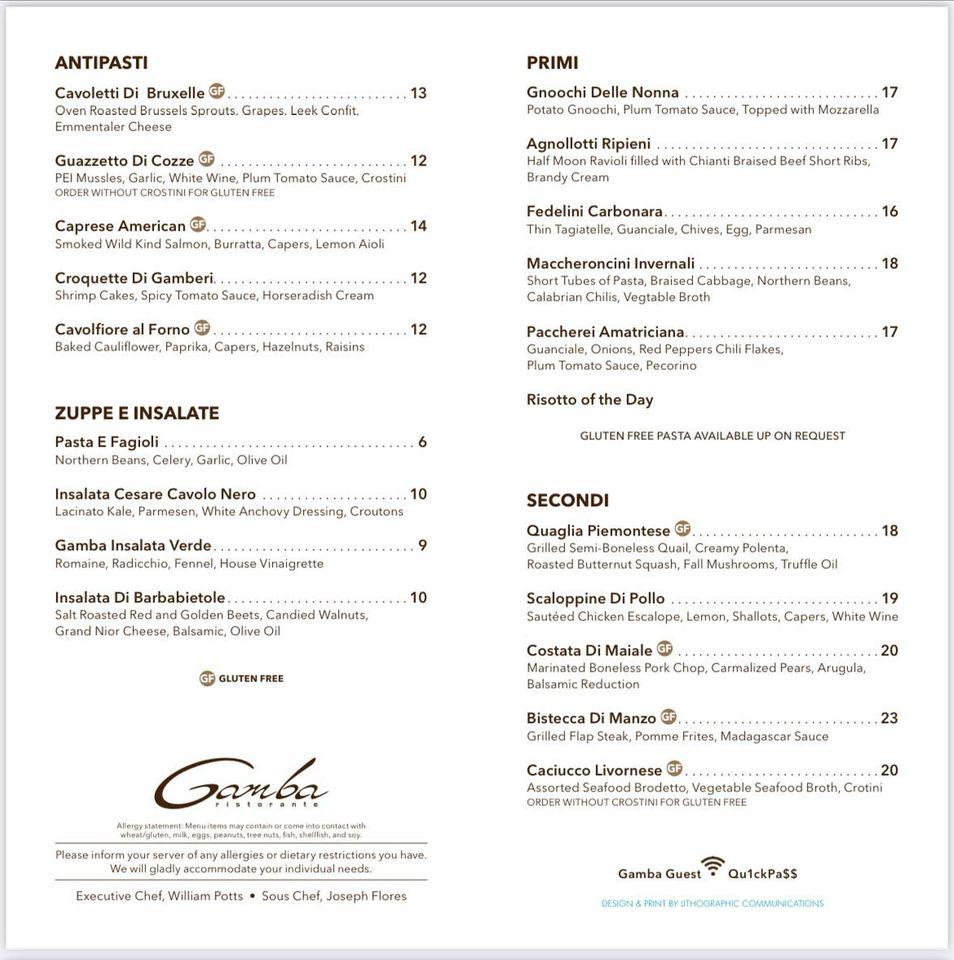 Menu at Gamba Ristorante steakhouse, Merrillville