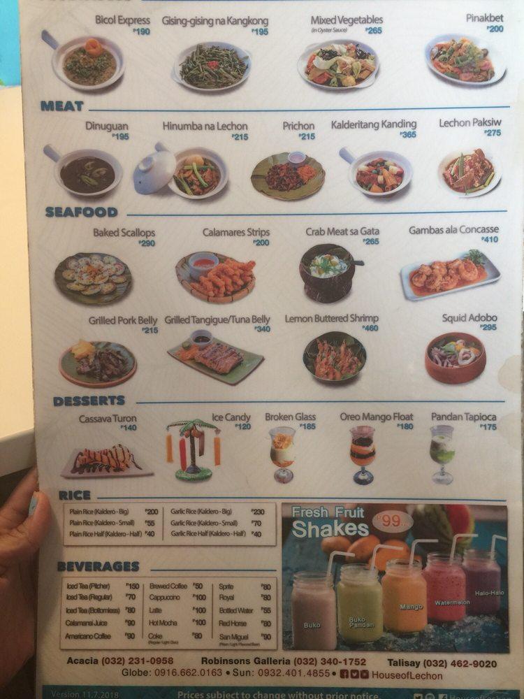 Menu at House of Lechon restaurant, Cebu City, Acacia St