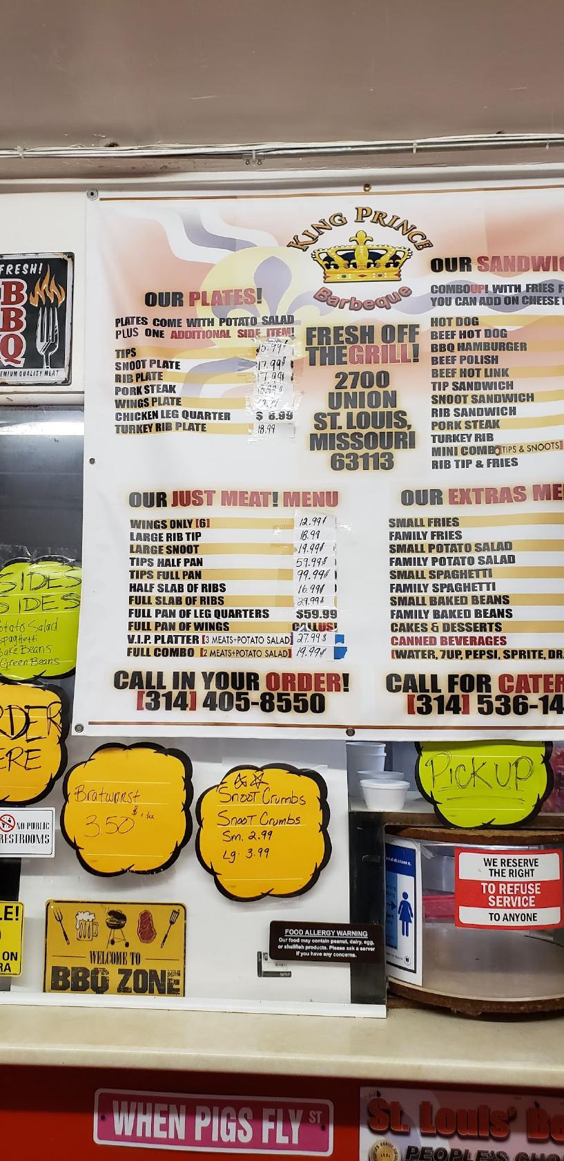 Menu at King PRINCE BAR B QUE, St. Louis