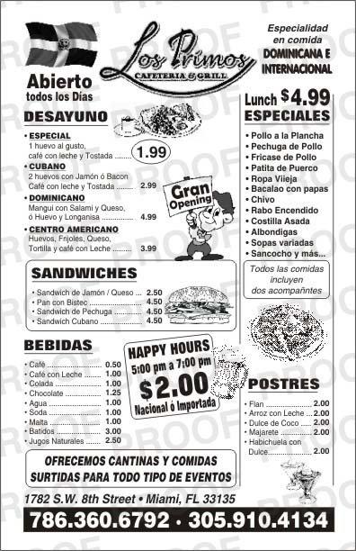 Carta del restaurante Los Primos, Miami, SW 8th St