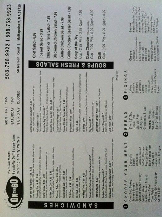 Menu at On the Go pizzeria, Mattapoisett