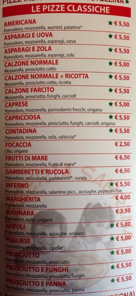 Menu at Sabrina pizzeria, Bergamo