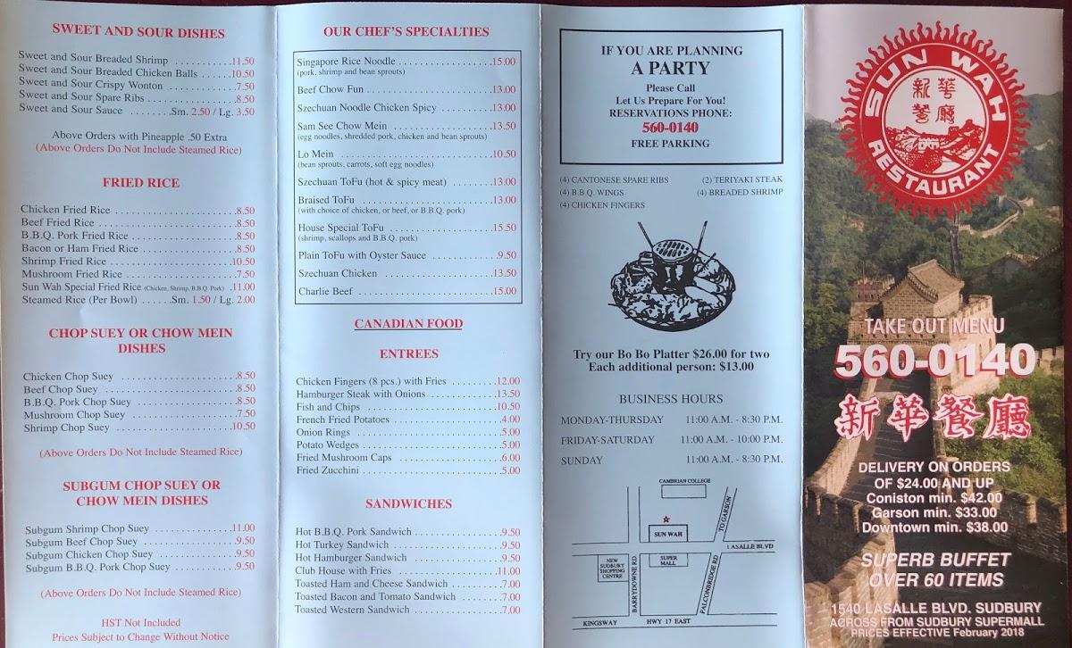 Menu at Sun Wah restaurant, Sudbury