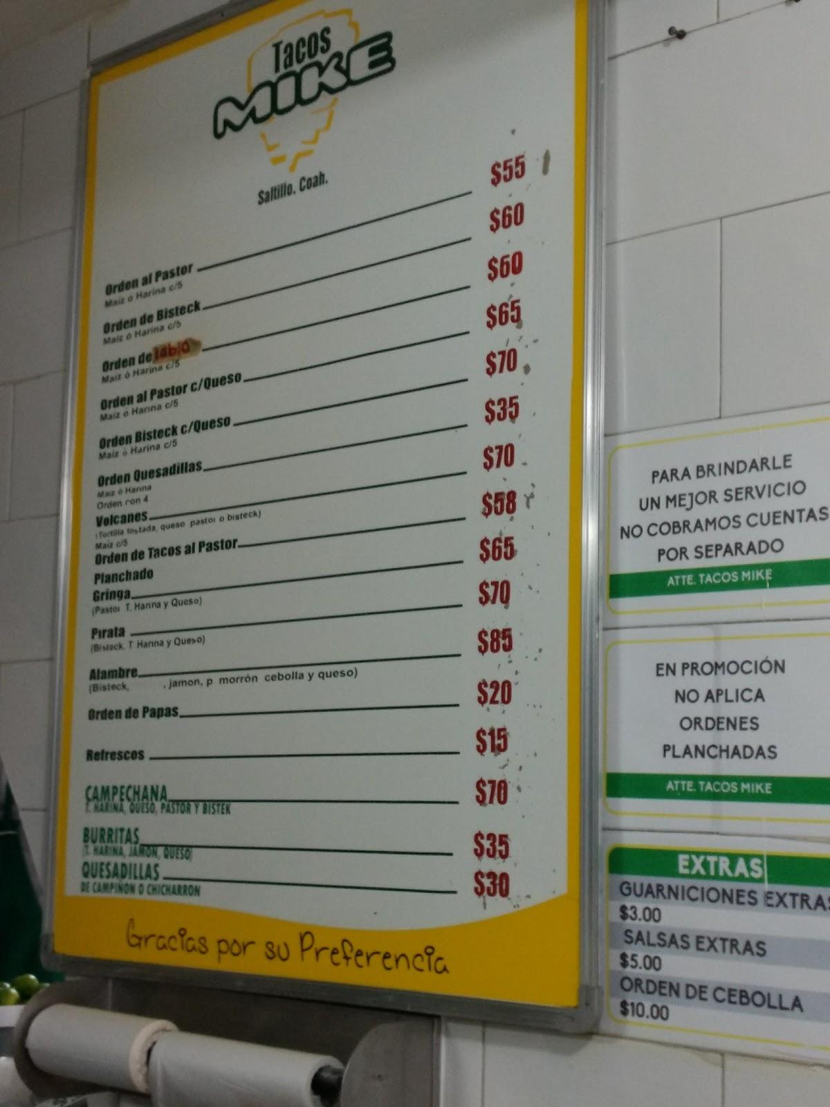 Menu at Tacos Mike restaurant, Saltillo, Blvrd Minería 663
