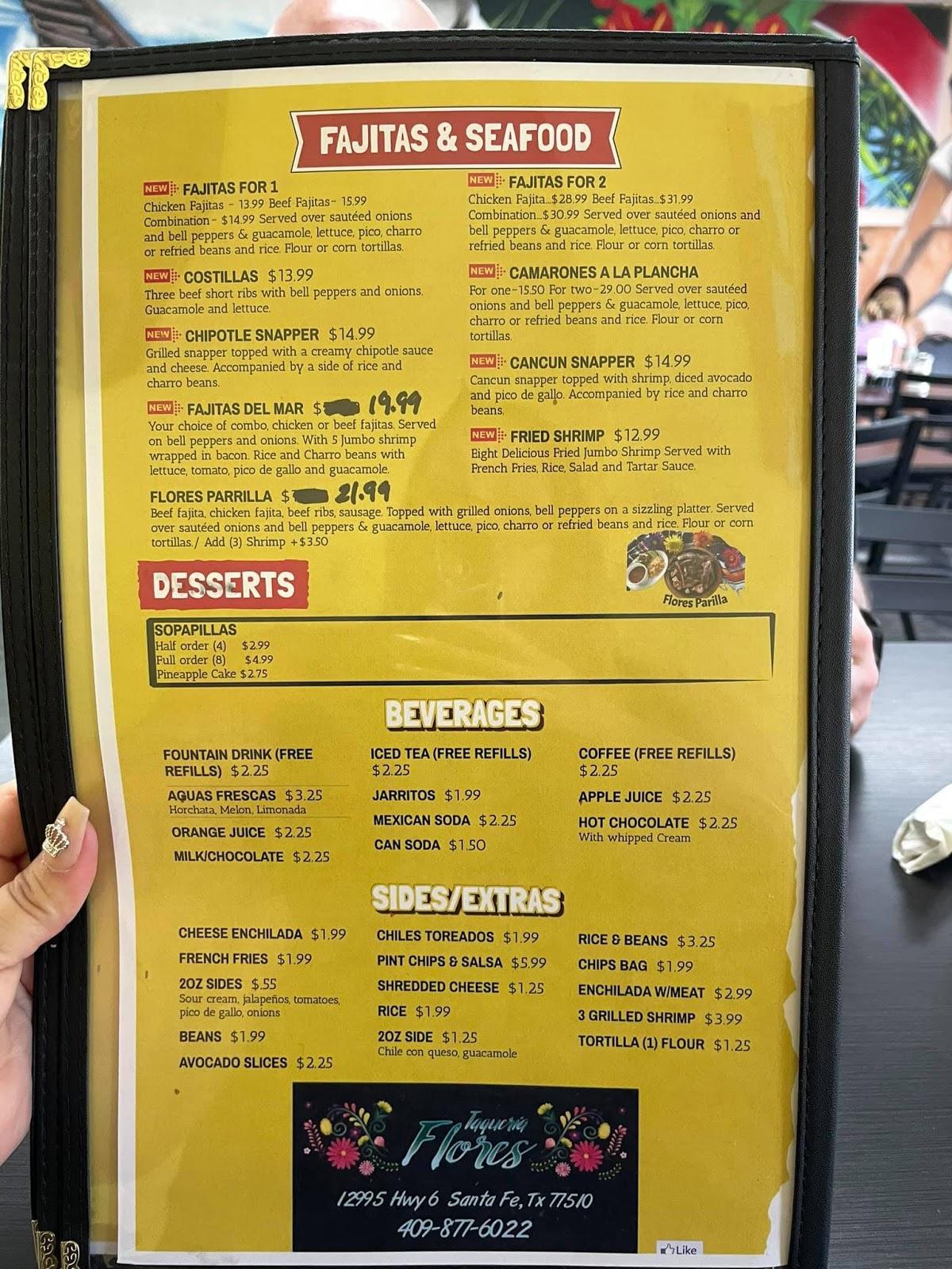 Menu at Taquería Flores restaurant, Santa Fe
