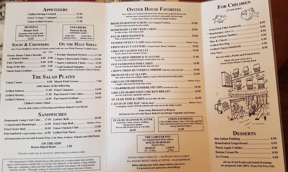 Menu at Union Oyster House restaurant, Boston