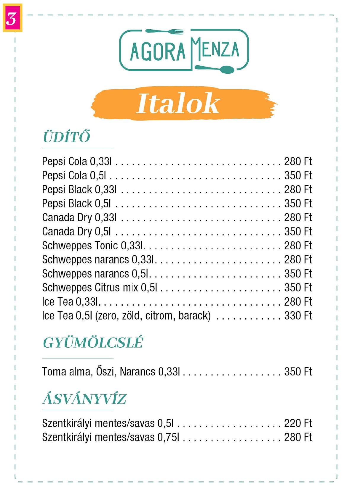 Menu at Agora Menza cafeteria, Budapest