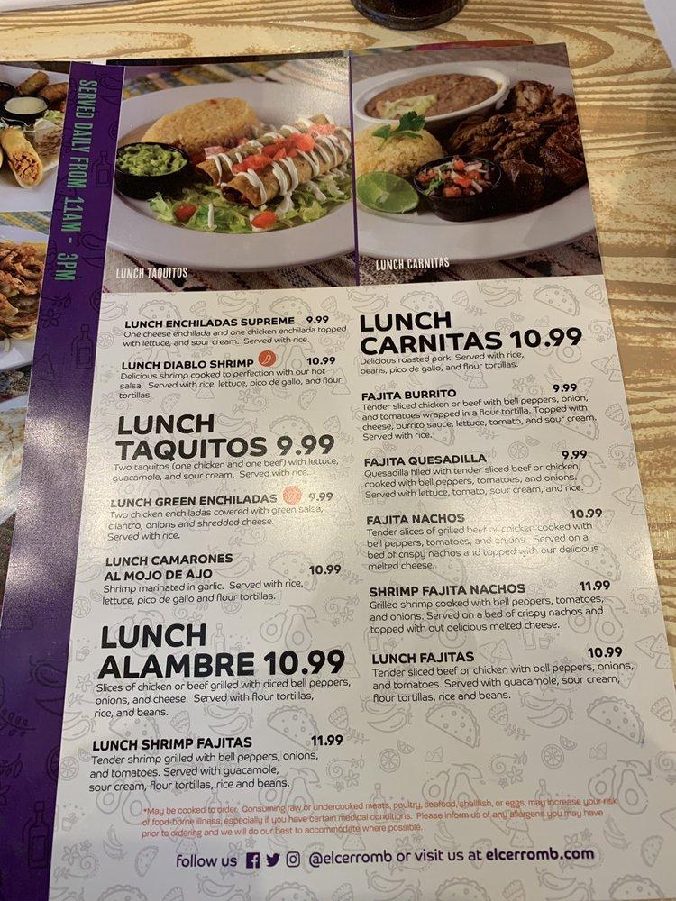 Menu at El Cerro Grande of Georgetown restaurant, Georgetown