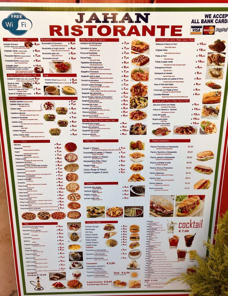Menu at Jahan Restaurant, Rome