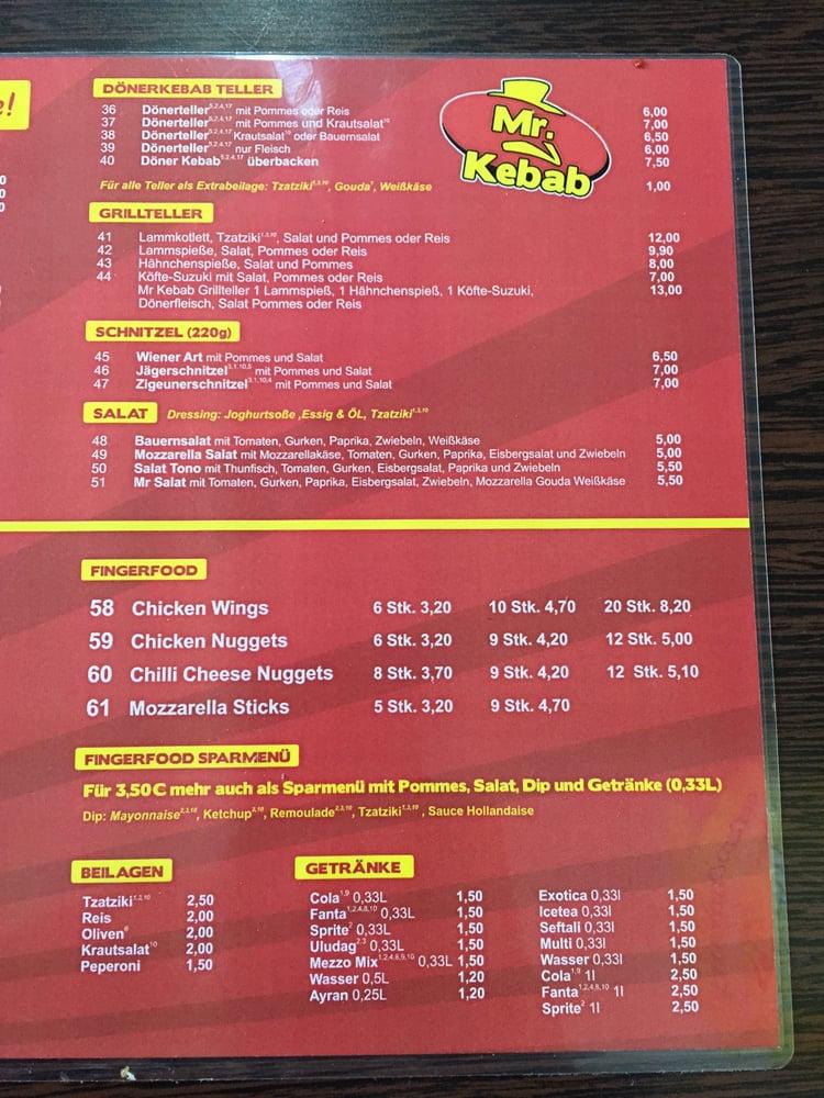 Menu at Mr. Kebab restaurant, Bünde