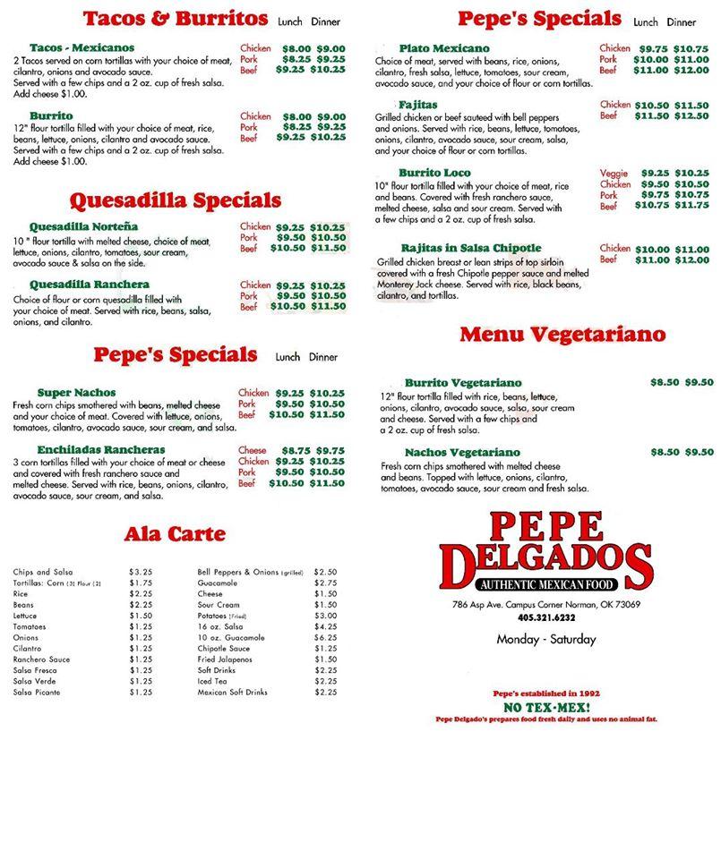 Menu at Pepe Delgados restaurant, Norman