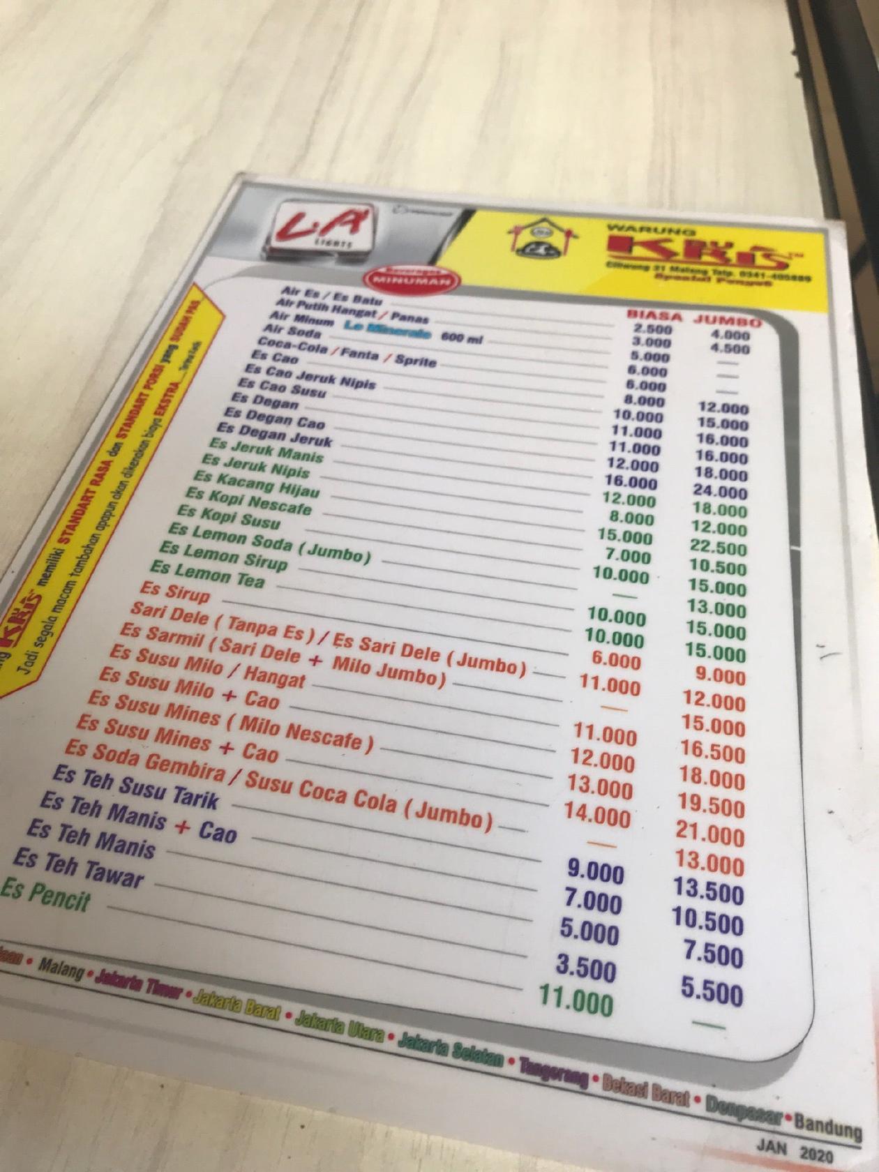 Menu at Warung Bu Kris restaurant, Malang, Jl. Ciliwung No.31