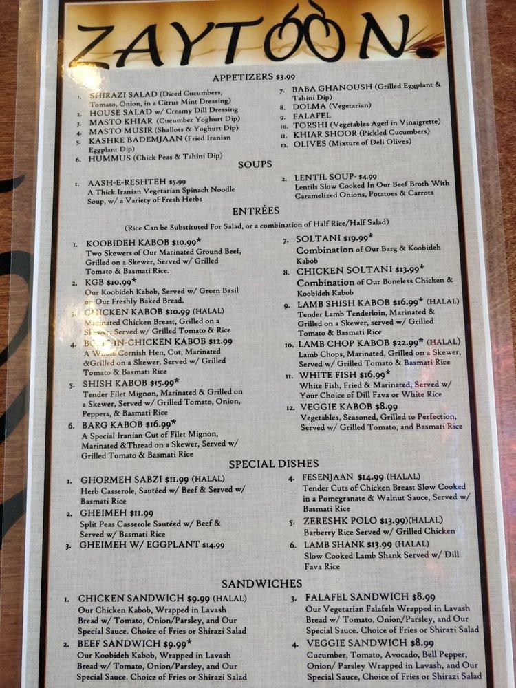 Menu at Zaytoon restaurant, Las Vegas
