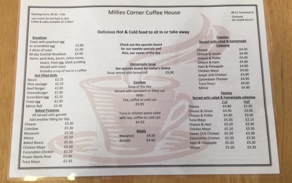 Menu at Millies Corner Coffee House, Cumnock