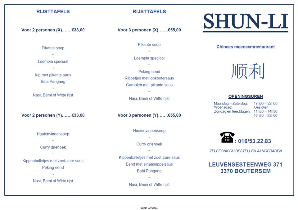 Menu at Shun-Li, Boutersem