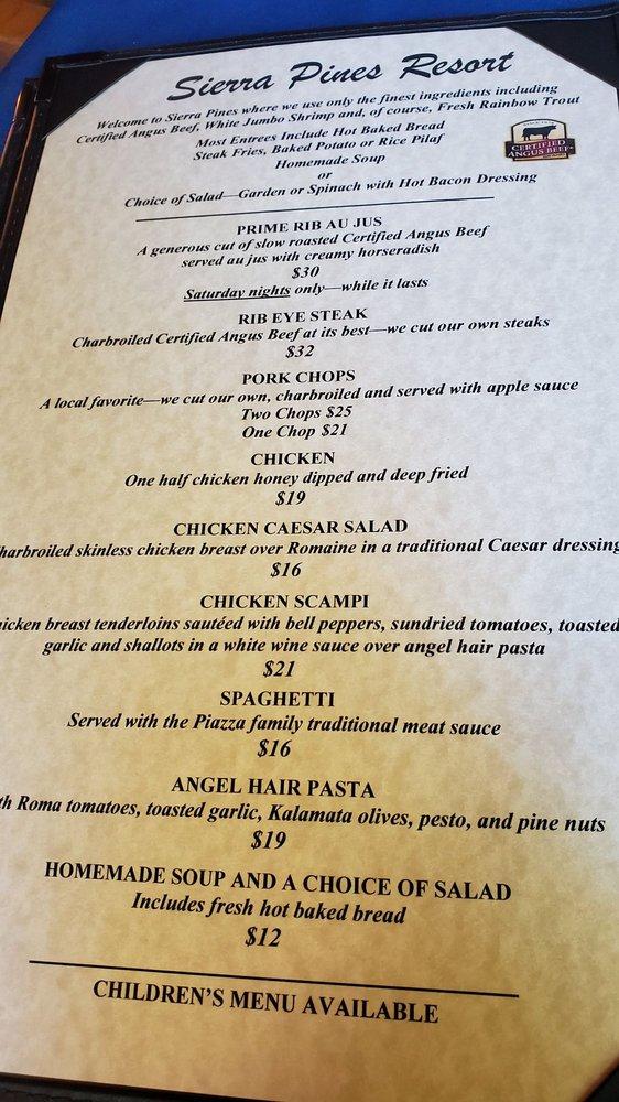 Menu at Sierra Pines Resort pub & bar, Sierra City